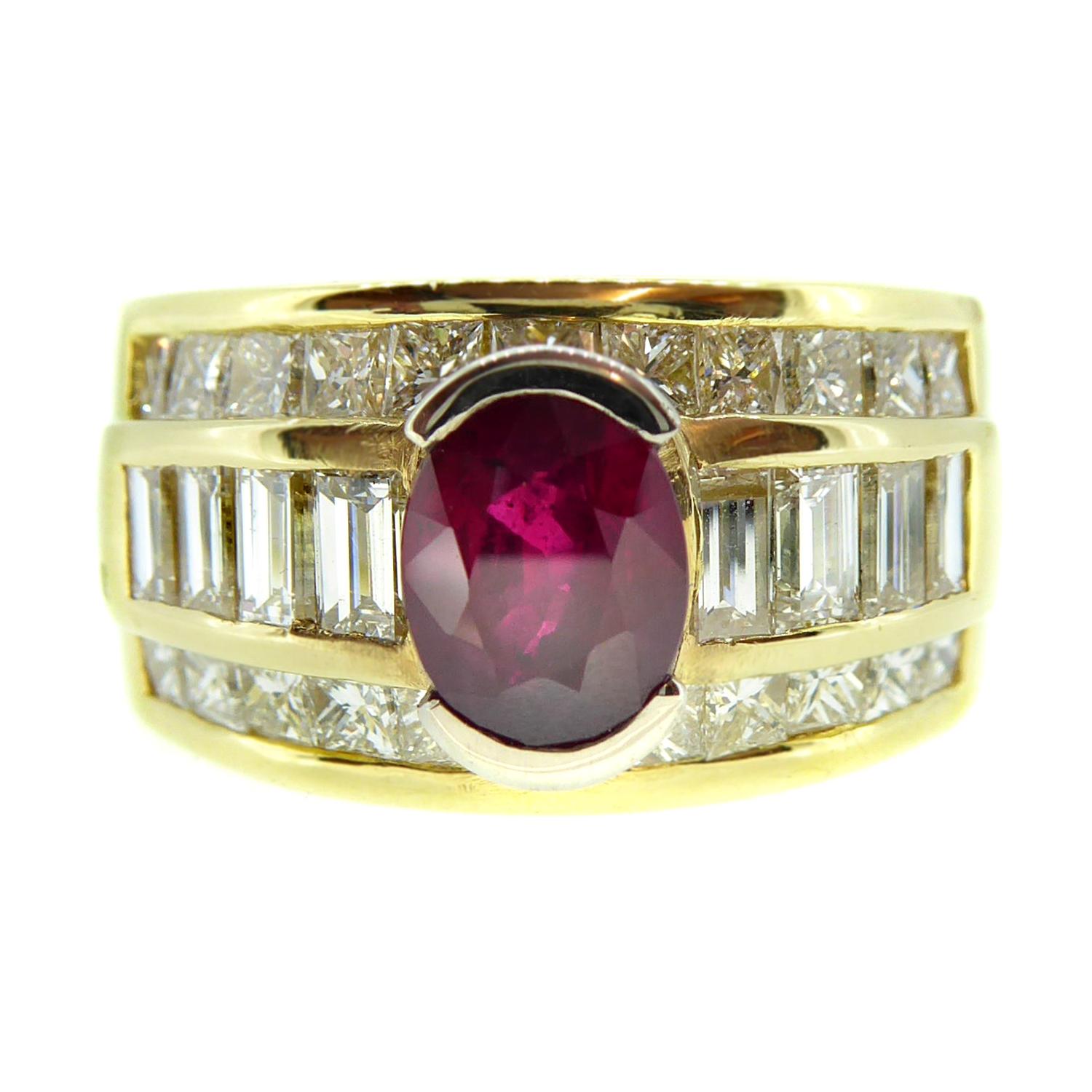 2.18 Carat Vintage Diamond and Ruby Band Ring, Baguette and Princess ...