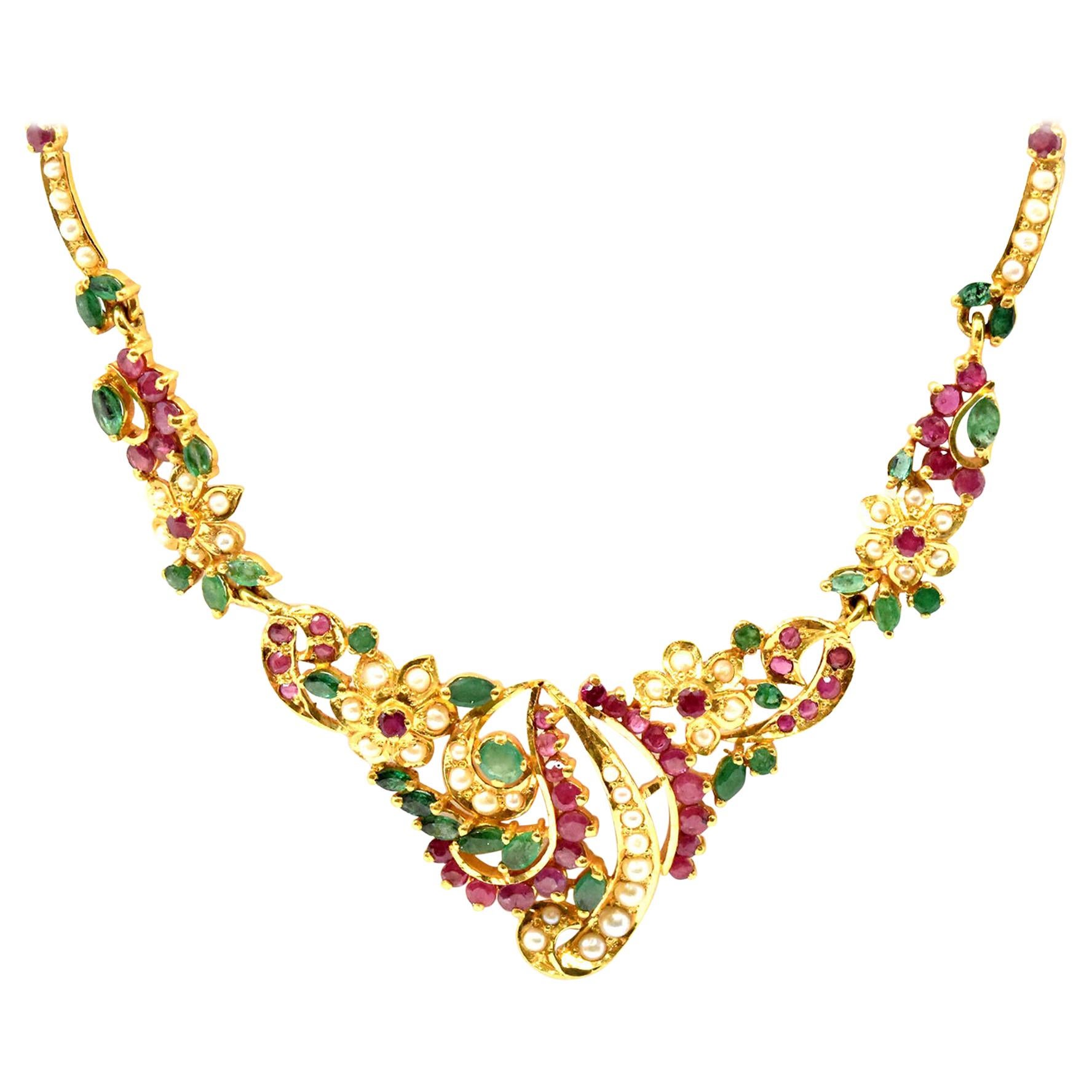 Vintage 22 Karat Yellow Gold Emerald, Ruby and Pearl Necklace at 1stDibs