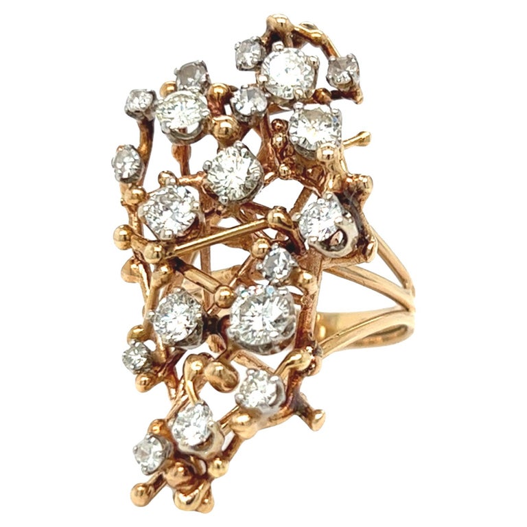 Brutalist Era 2.25 Carat Cluster Diamond Ring 14K Yellow Gold For Sale ...