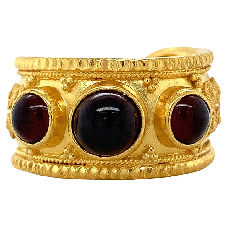 Vintage 22k Yellow Gold Round Cabochon Garnet 3 Stone Ring Adjustable ...