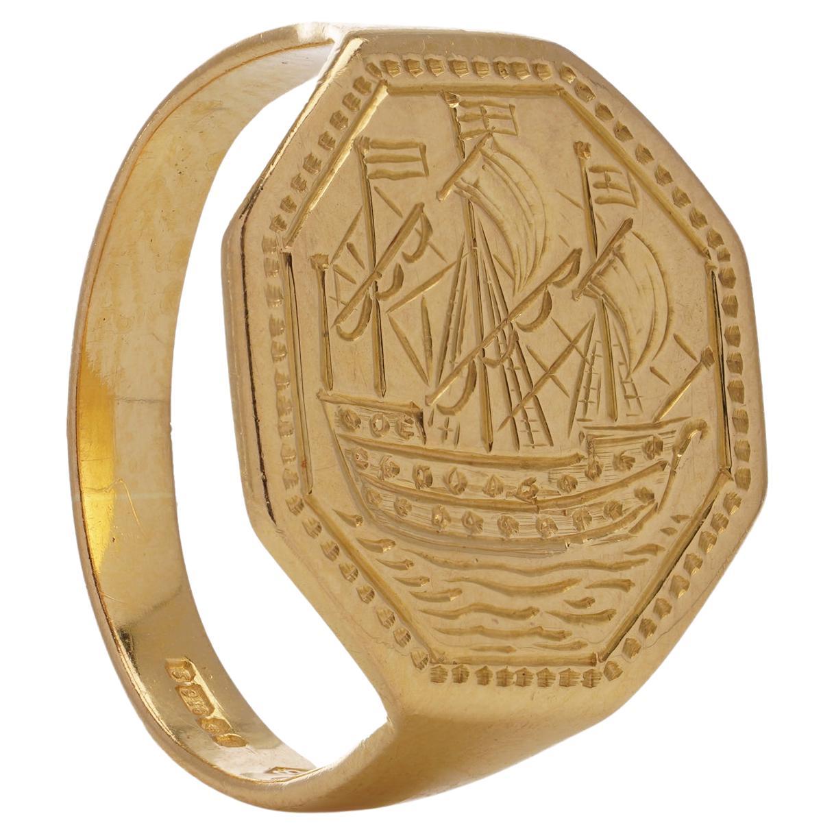 Vintage 22kt. yellow gold signet ring featuring the man-of-war ship For ...