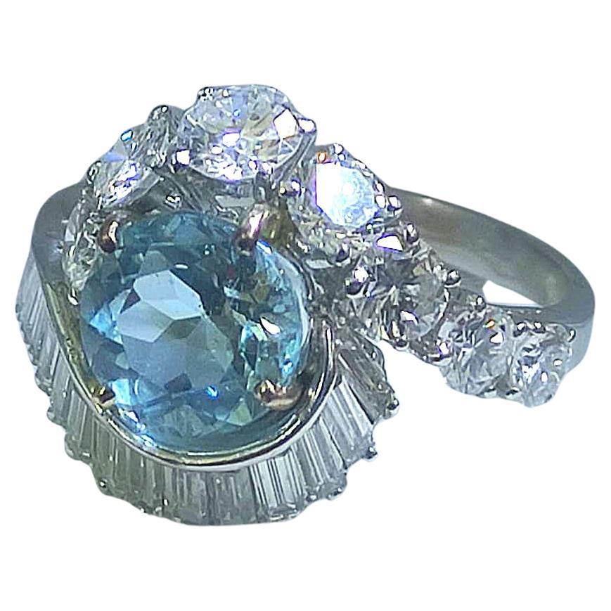 Vintage 2.45 Carat Brillant Cut Diamonds And Blue Tobaz Gold Ring For ...