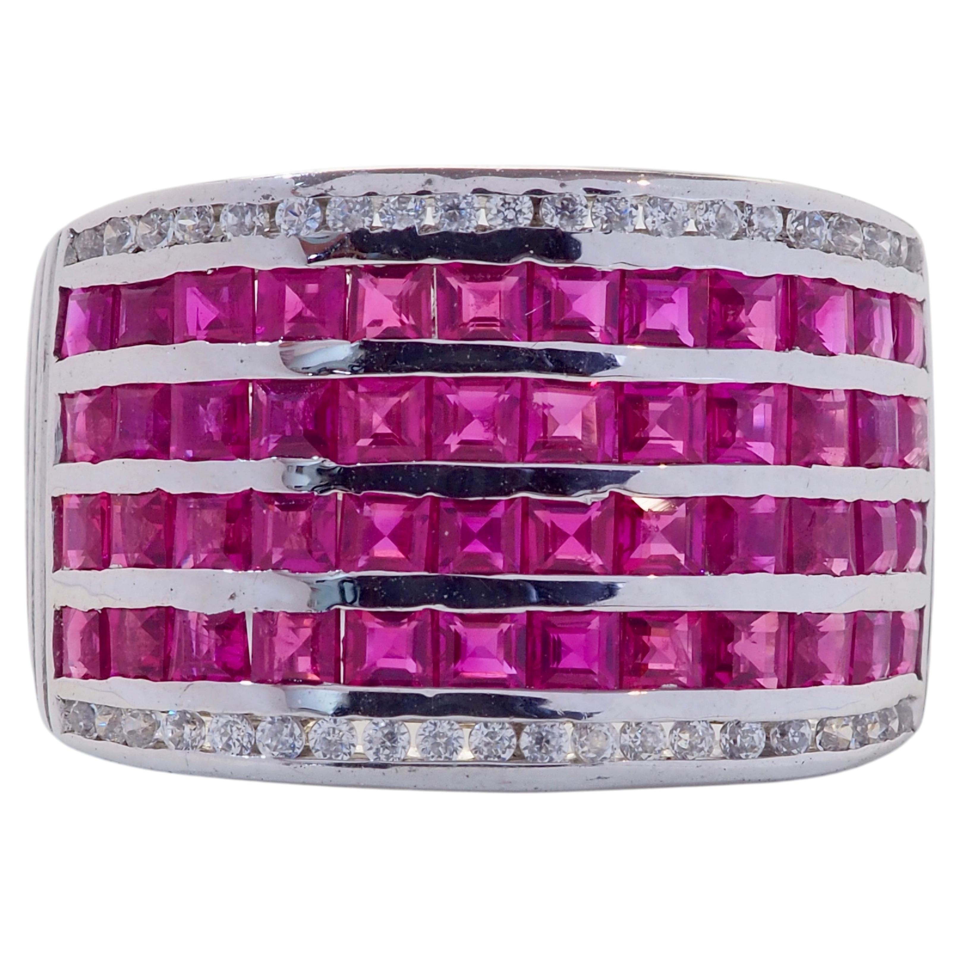Vintage Sterling Silver 2.95ct Ruby and Quartz Bombe Band Ring, Size 6. ...