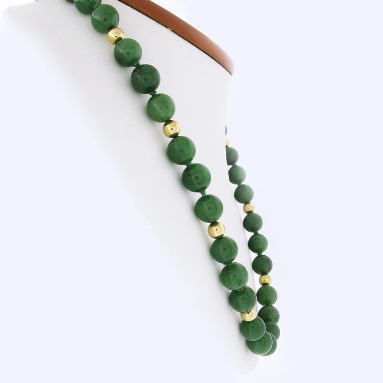 Vintage Round Nephrite Jade Bead Strand Necklace W/ 14k Gold Balls and ...