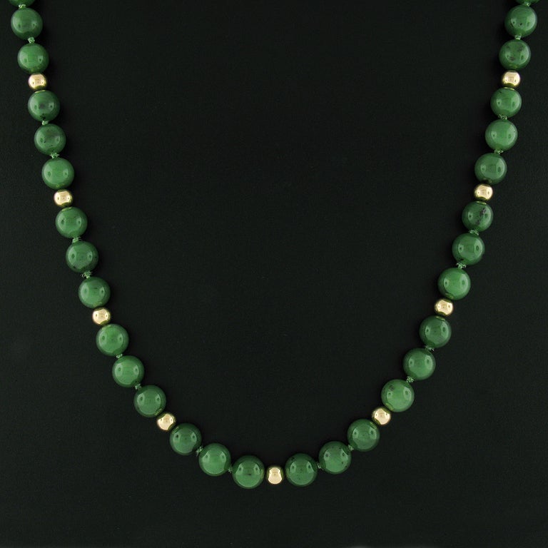 Vintage Round Nephrite Jade Bead Strand Necklace W/ 14k Gold Balls and ...