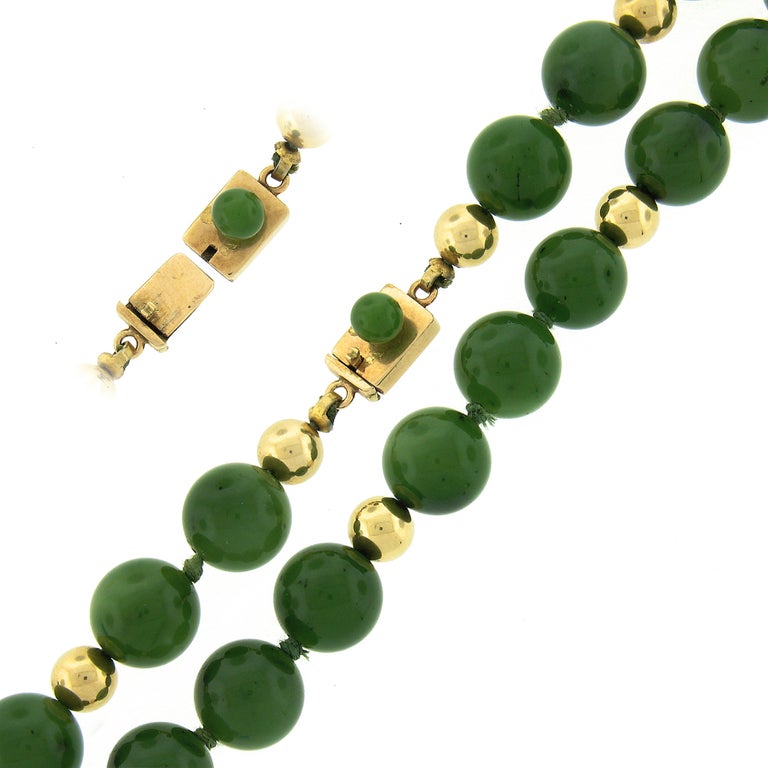 Vintage Round Nephrite Jade Bead Strand Necklace W/ 14k Gold Balls and ...