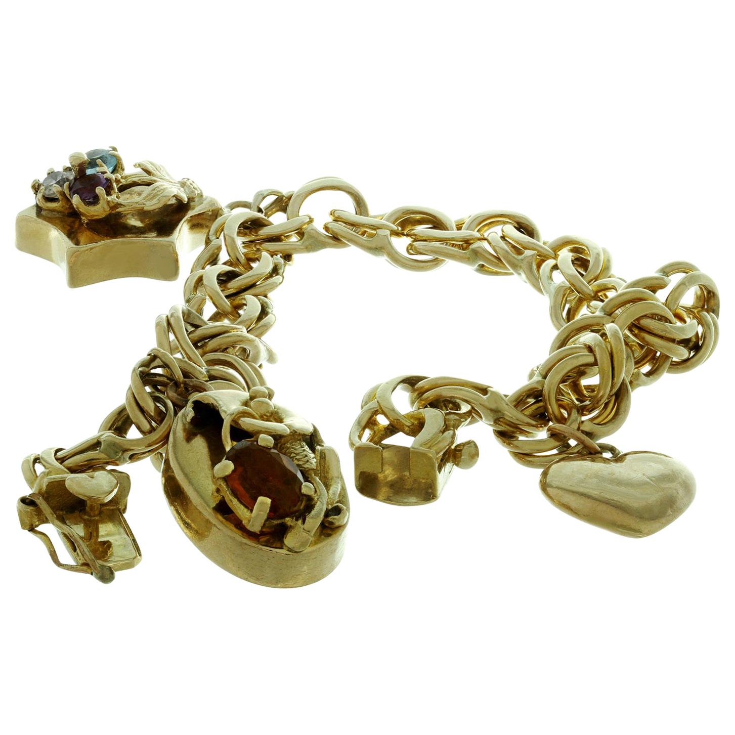 Vintage Multi Gemstone 14 Karat Yellow Gold Charm Bracelet at 1stDibs