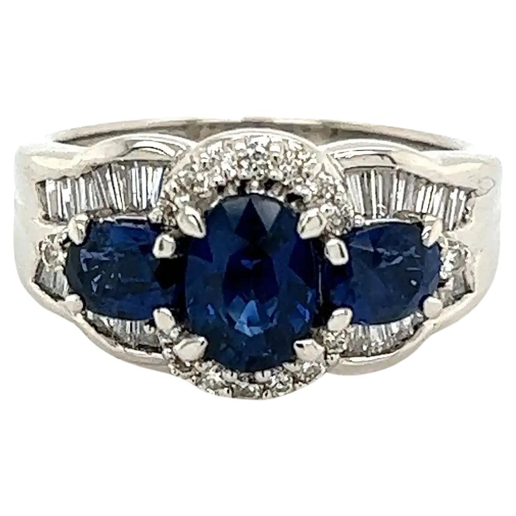 Vintage 3 Stone Oval Sapphire and Diamond Platinum Cocktail Ring For ...