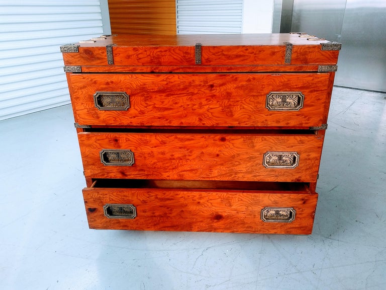 Vintage Pulaski Burlwood Campaign Style Chest at 1stDibs