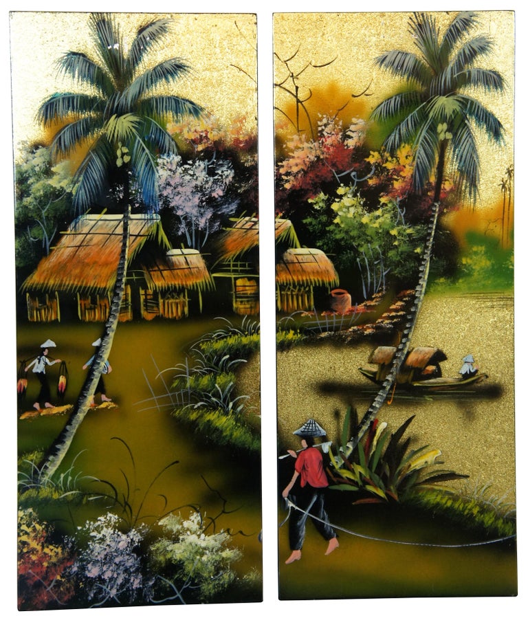 Vintage 4 Panel Vietnamese Village Lacquered Gold Leaf Landscape ...