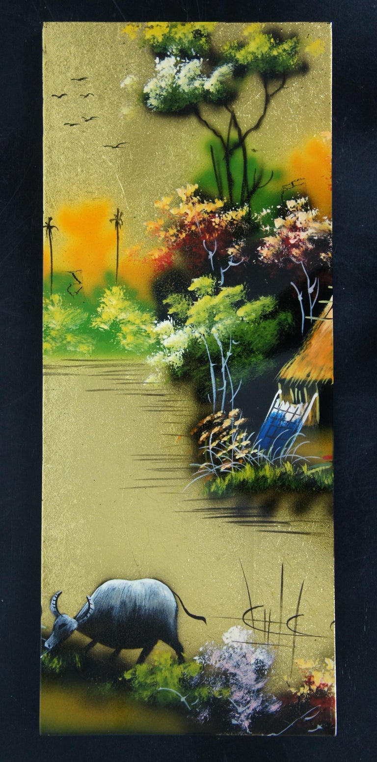 Vintage 4 Panel Vietnamese Village Lacquered Gold Leaf Landscape ...