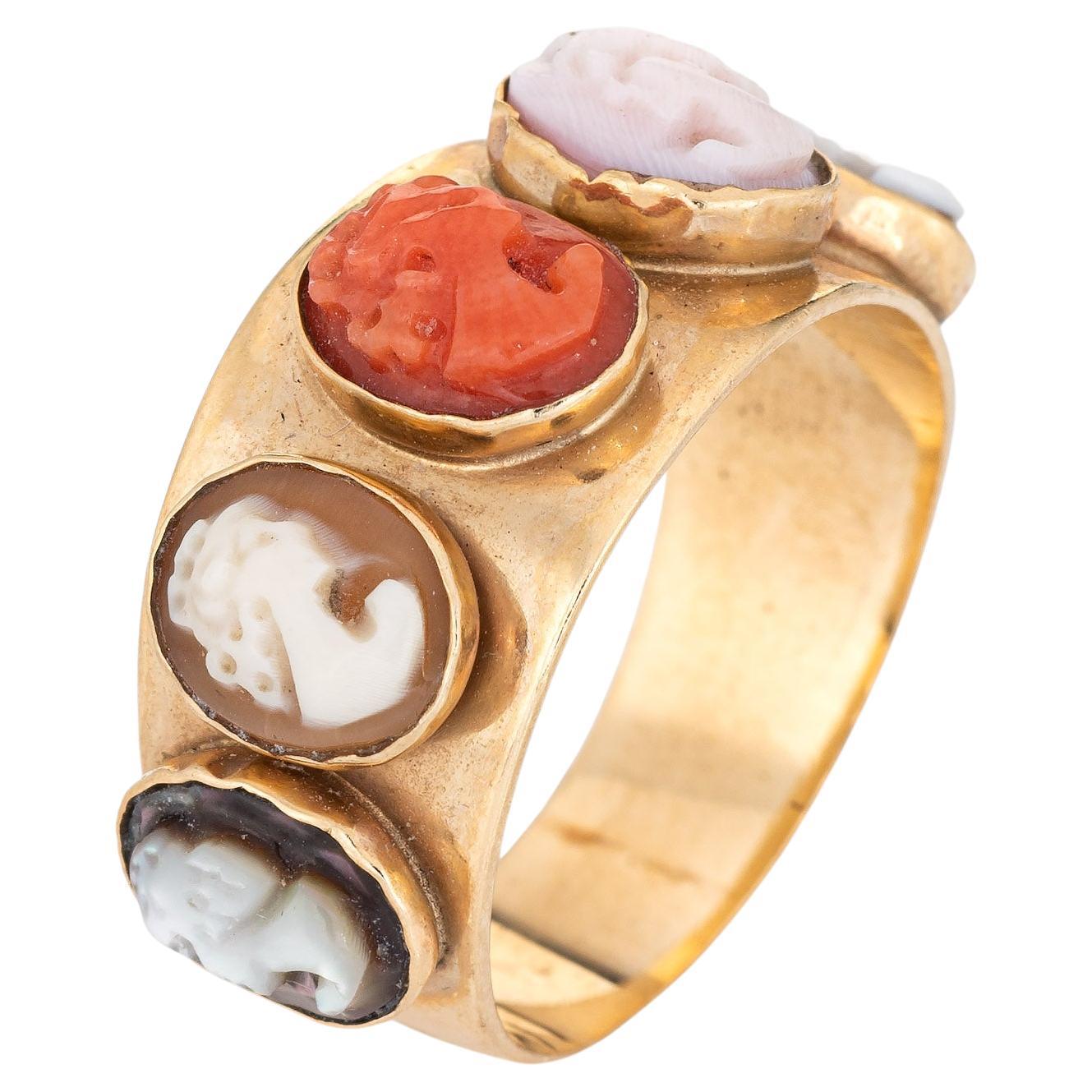 Vintage 5 Cameo Ring Five Panel Wide Cigar Band Estate Fine Jewelry at ...
