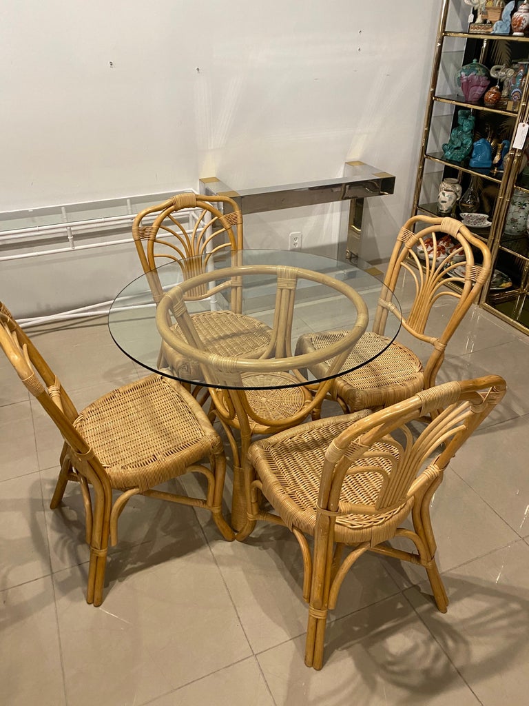 Vintage 5 Piece Rattan and Wicker Dining Set Table and Chairs Dinette ...
