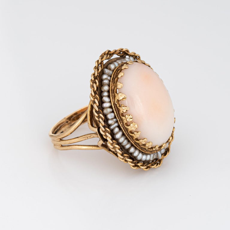 Vintage 60s Angel Skin Coral Ring Seed Pearls Large Oval Cocktail ...