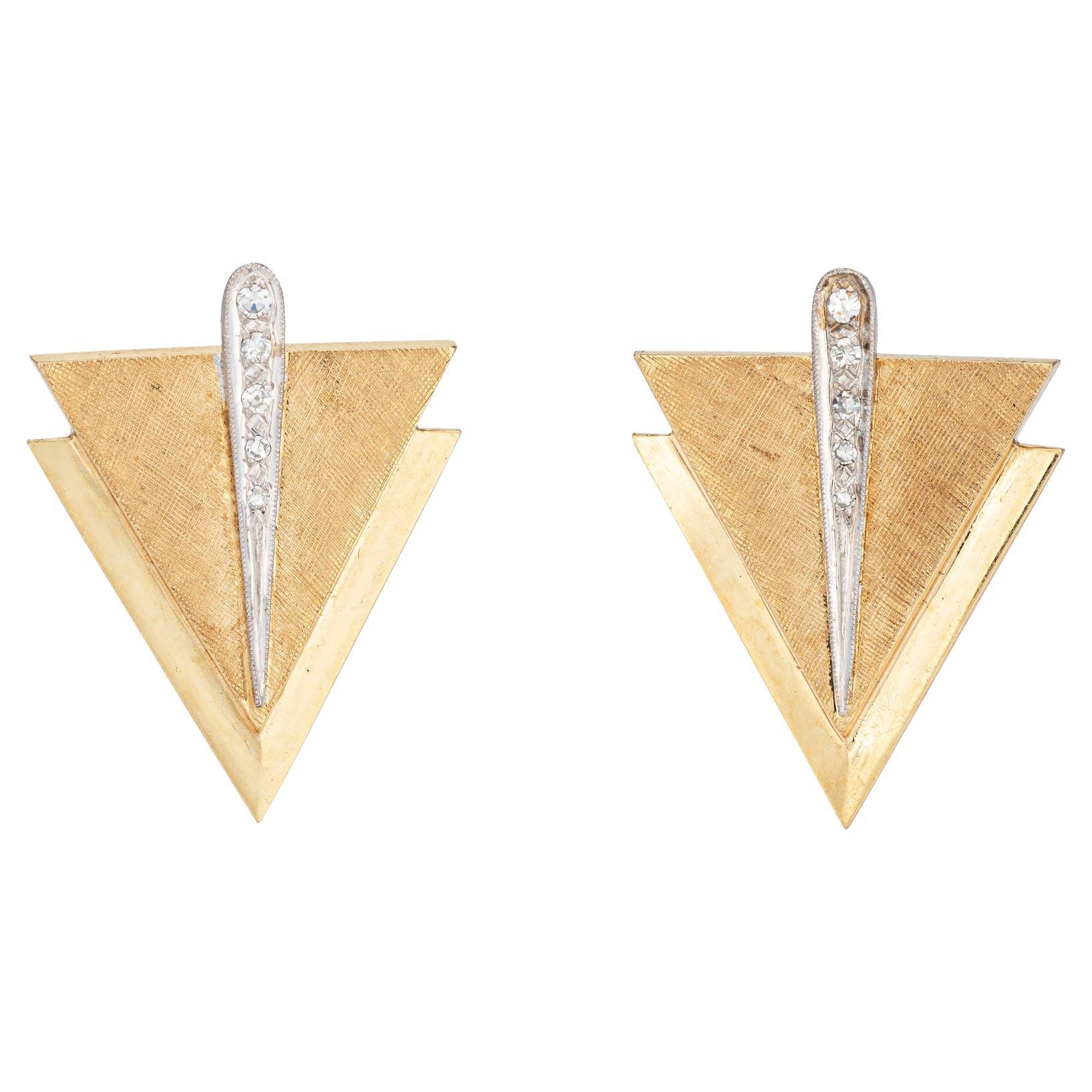 Vintage 60s Diamond Triangle Earrings Arrow 14k Yellow Gold Estate Fine ...