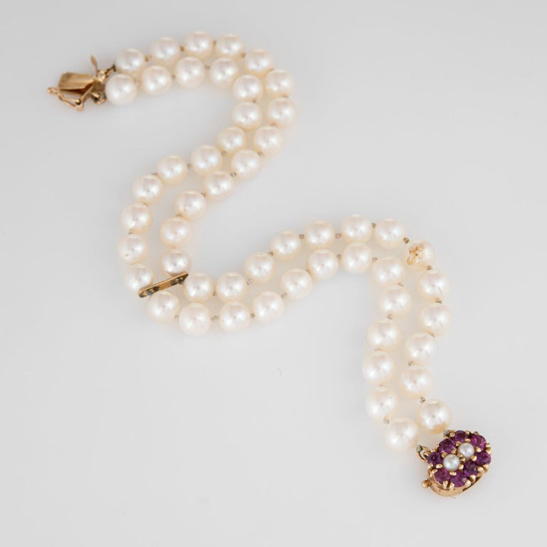 Vintage Cultured Pearl Ruby Bracelet 14k Yellow Gold 2 Strand Jewelry ...