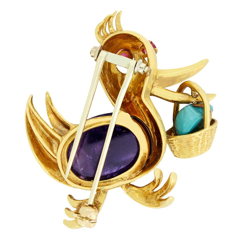 Vintage 7.00ct Amethyst, Turquoise and Ruby Duck brooch, c.1970s For ...