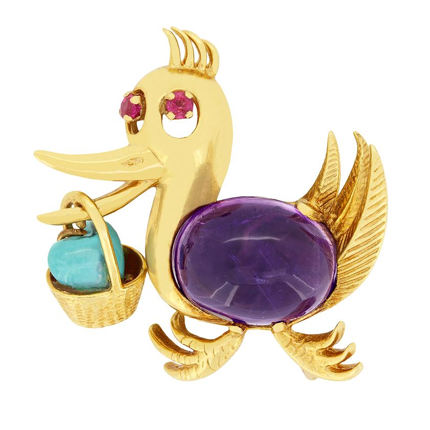Vintage 7.00ct Amethyst, Turquoise and Ruby Duck brooch, c.1970s For ...