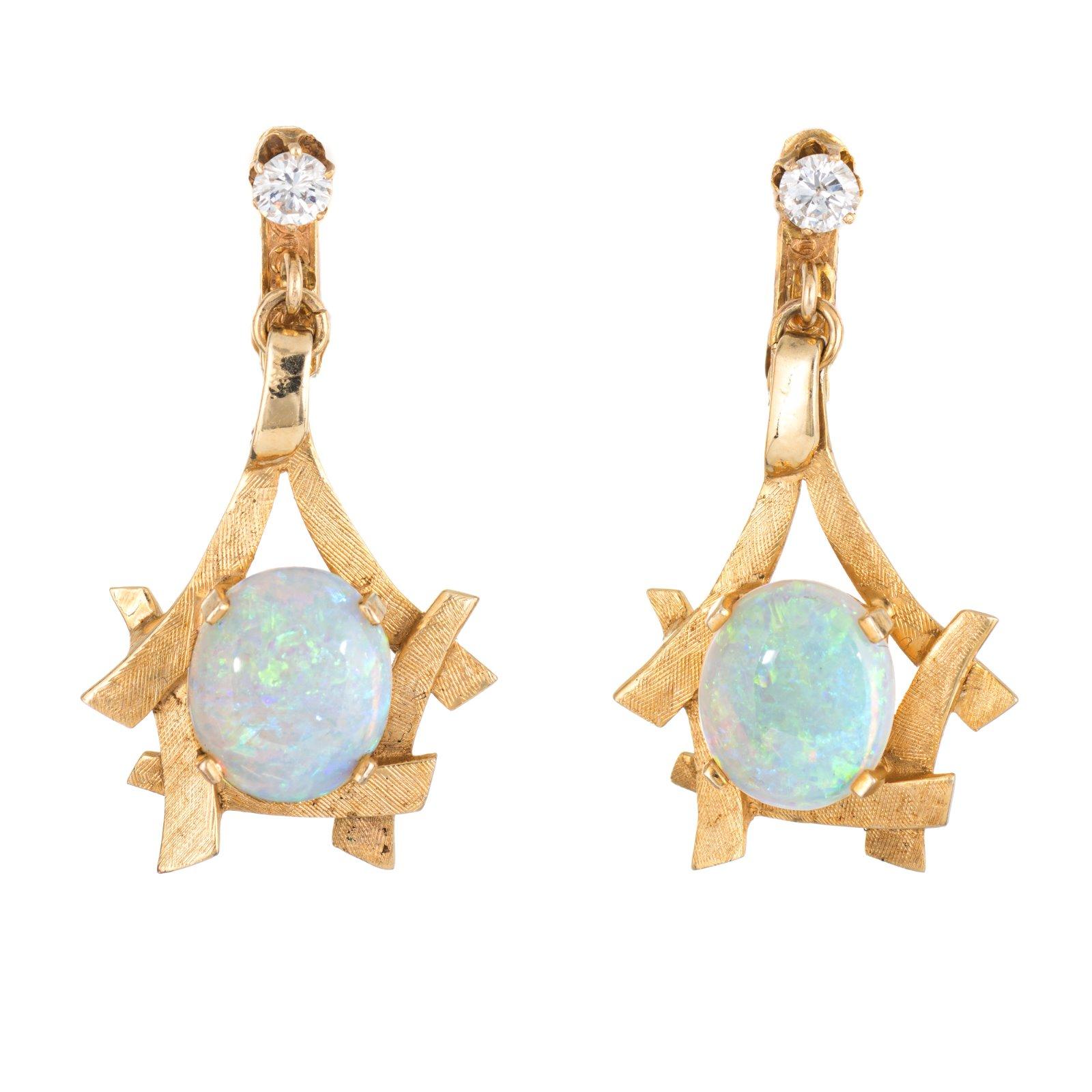 Vintage Opal and Diamond Dangling Teardrop Clip-On Earrings in 14 Karat ...