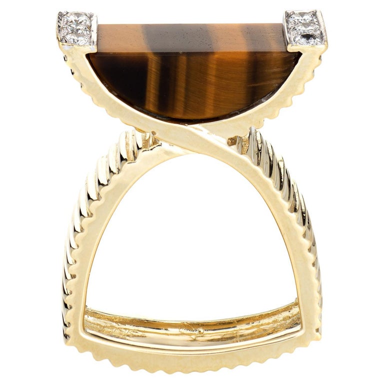 Vintage 70s Tigers Eye Diamond Ring La Triomphe 14k Yellow Gold Fine ...