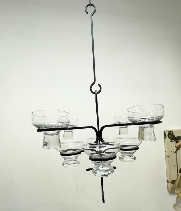 Vintage 70s Wrought Iron Chandelier Eight Candles Swedish Art Glass 2 ...