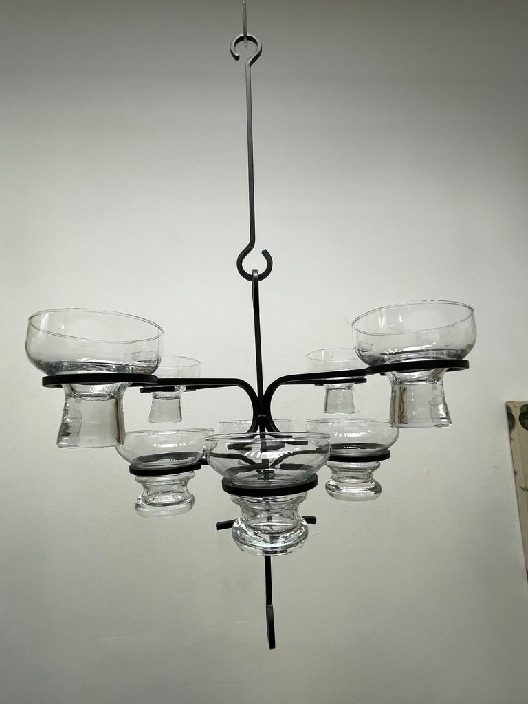 Vintage 70s Wrought Iron Chandelier Eight Candles Swedish Art Glass 2 ...