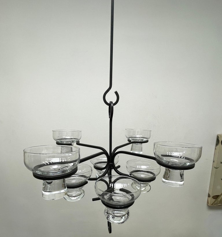 Vintage 70s Wrought Iron Chandelier Eight Candles Swedish Art Glass 2 ...