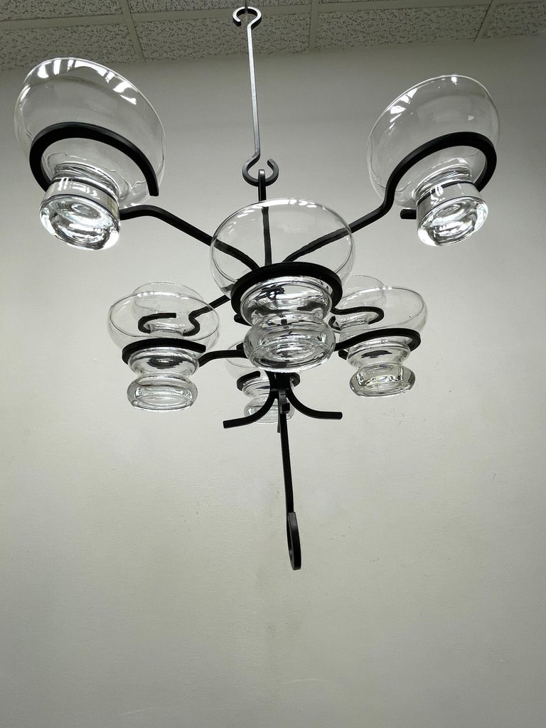 Vintage 70s Wrought Iron Chandelier Eight Candles Swedish Art Glass 2 ...