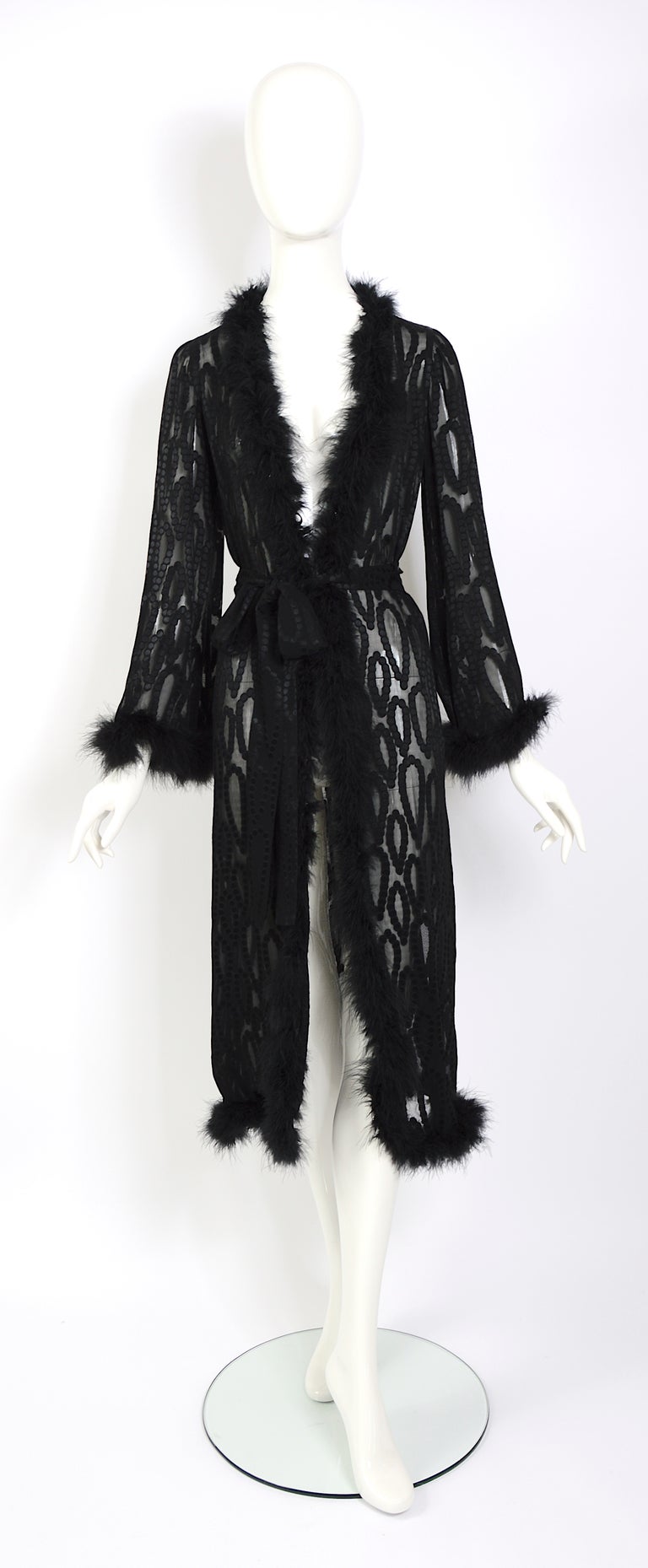 Vintage 70s Yves Saint Laurent marabou feathers trimmed black silk ...