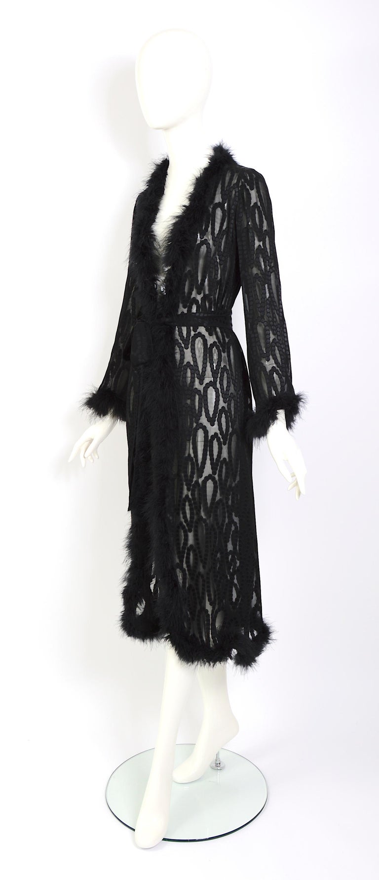 Vintage 70s Yves Saint Laurent marabou feathers trimmed black silk ...