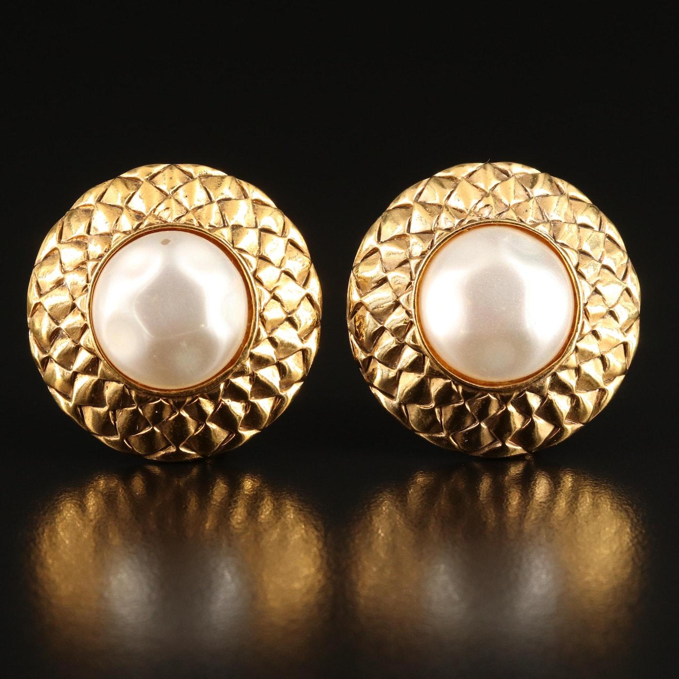 Vintage 80's Chanel Pearl Large Gold Circle Clip On Button Earrings W ...