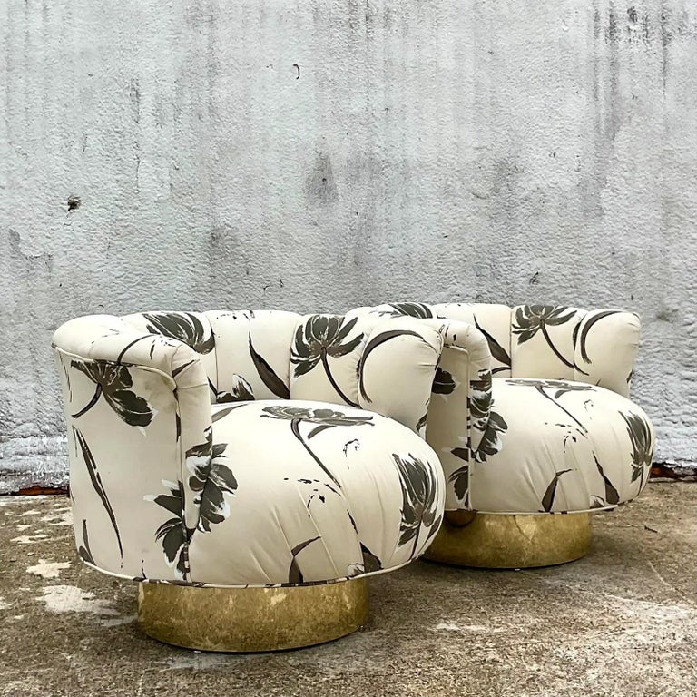 Vintage 80s Contemporary Channel Tufted Swivel Chairs, a Pair at 1stDibs