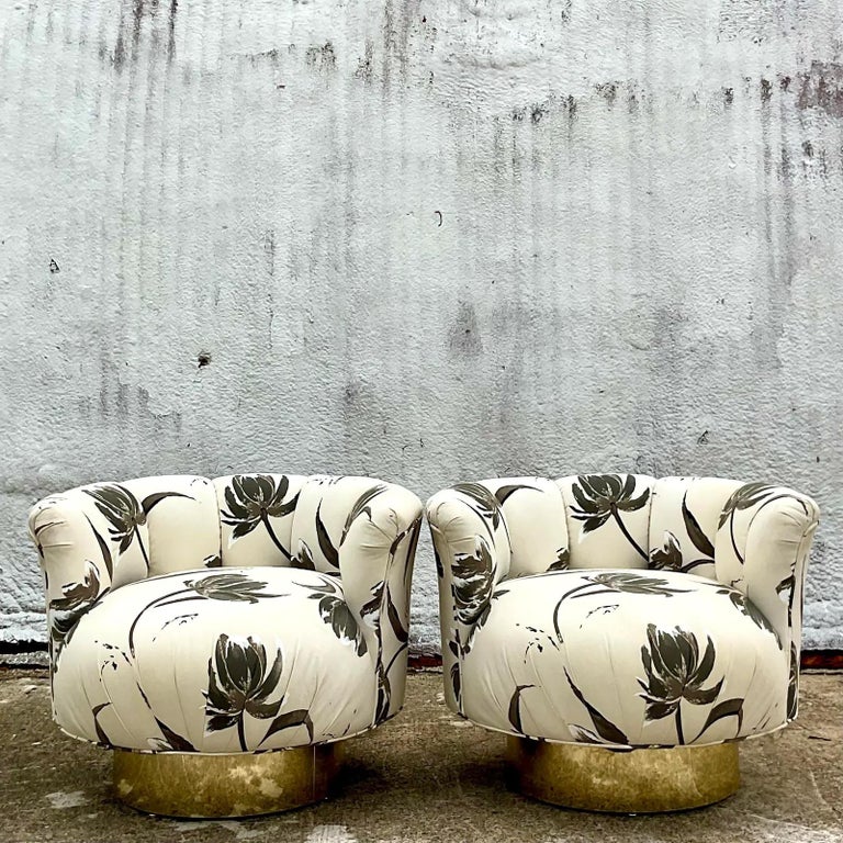 Vintage 80s Contemporary Channel Tufted Swivel Chairs, a Pair at 1stDibs