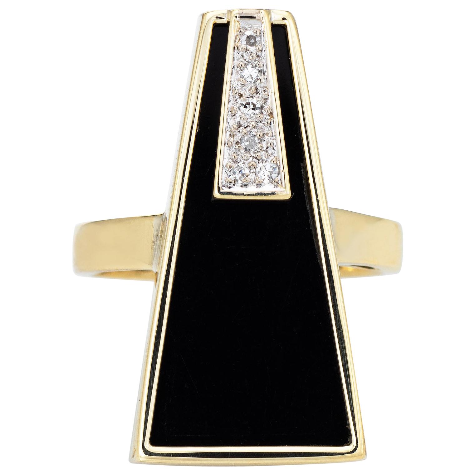 Vintage 80s Diamond Geometric Ring Onyx 14k Yellow Gold Long Triangle ...