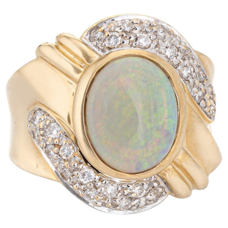 Vintage 80s Natural Opal Diamond Ring Wide Band Estate Fine Jewelry For ...