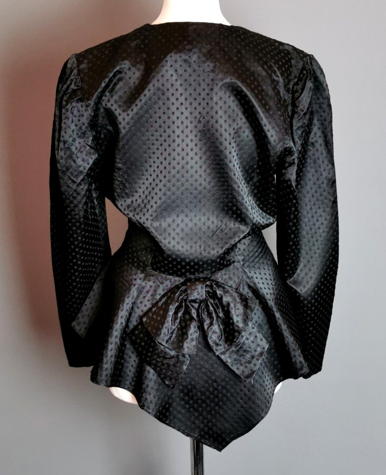Vintage 80s peplum waist blouse, Bow back, Vampy For Sale at 1stDibs