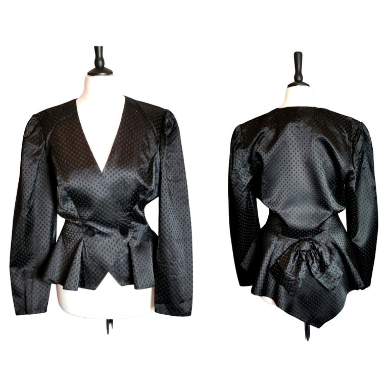 Vintage 80s peplum waist blouse, Bow back, Vampy For Sale at 1stDibs