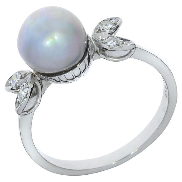 Vintage Silver Pearl and Diamond 18K Ring For Sale at 1stDibs