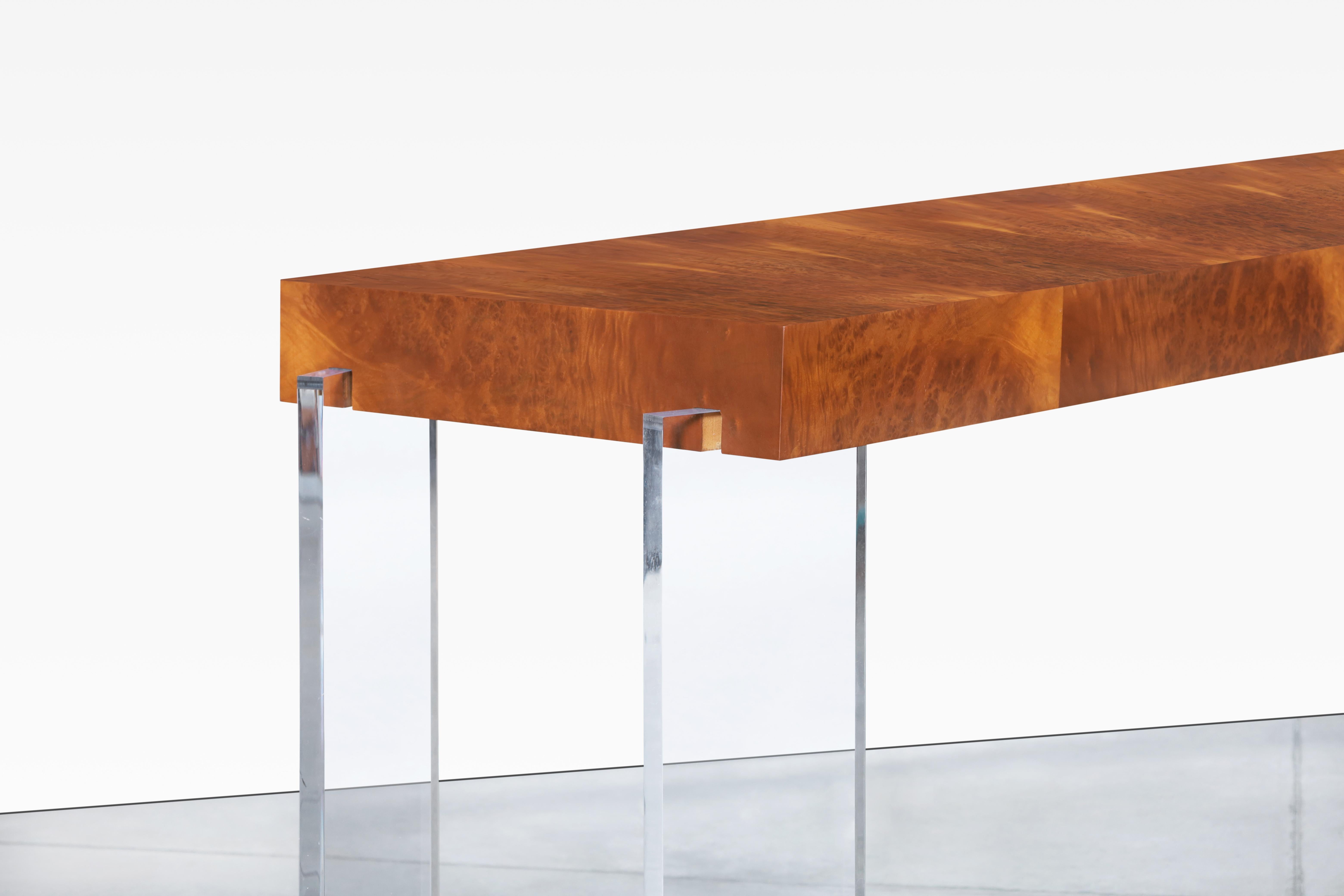 Vintage 8ft Burl Wood and Lucite Console Table For Sale at 1stDibs