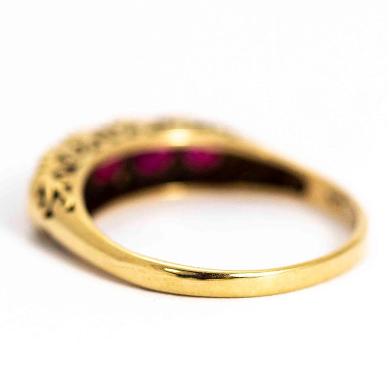 Vintage 9 Carat Gold Ruby Five-Stone Ring with Diamond Points at 1stDibs