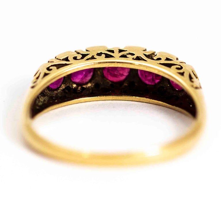 Vintage 9 Carat Gold Ruby Five-Stone Ring with Diamond Points at 1stDibs