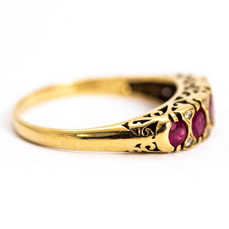 Vintage 9 Carat Gold Ruby Five-Stone Ring with Diamond Points at 1stDibs