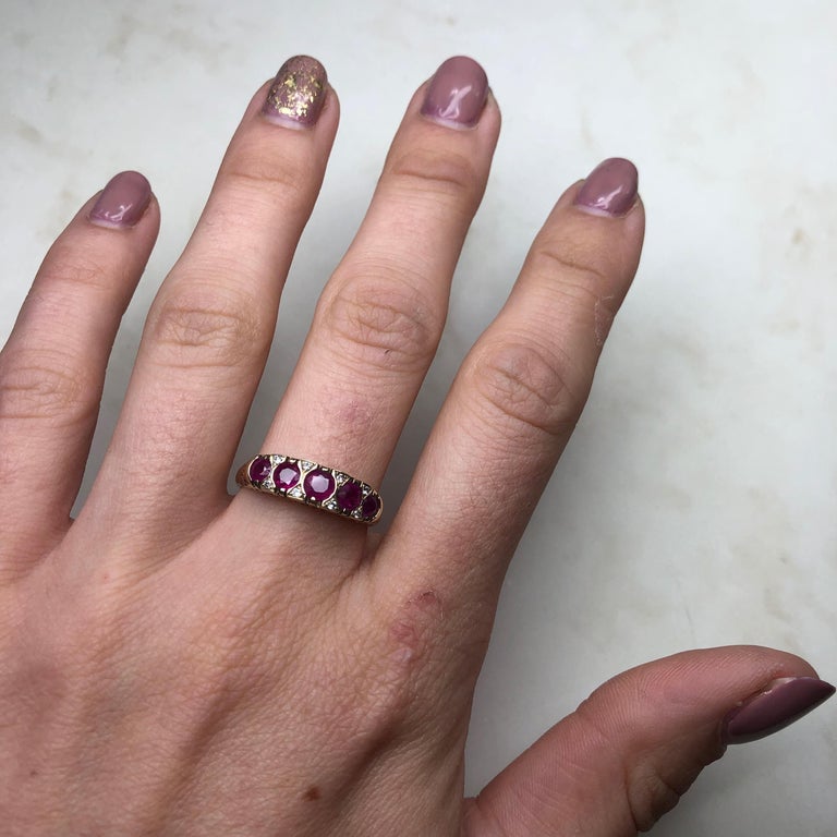 Vintage 9 Carat Gold Ruby Five-Stone Ring with Diamond Points at 1stDibs