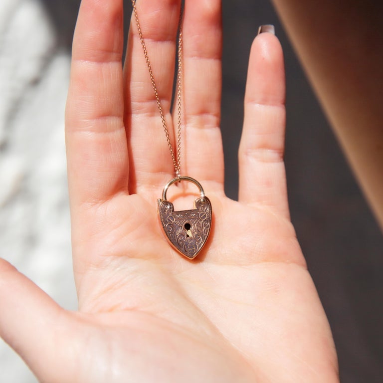 Vintage 9 Carat Rose Gold Engraved Lock Heart Padlock Pendant and Cable ...