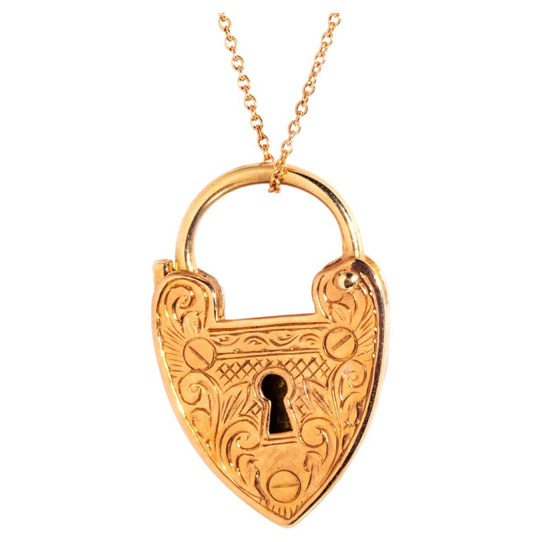 Vintage 9 Carat Rose Gold Engraved Lock Heart Padlock Pendant and Cable ...