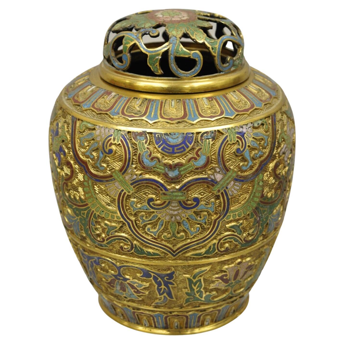 Vintage Cloisonne Enamel Champleve Lidded Incense Burner Jar at 1stDibs