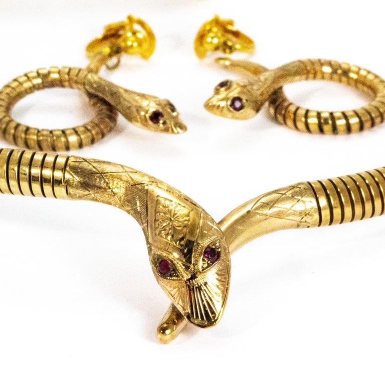 Vintage 9 Gold Snake Bracelet, Earrings and Necklace Set at 1stDibs ...