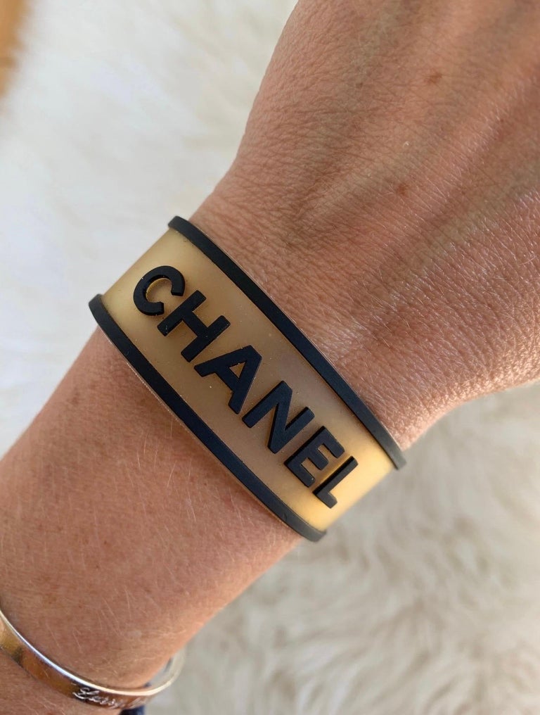 Vintage 90’s 99P CHANEL CC Bracelet Logos Clear Black Letters Rubber ...