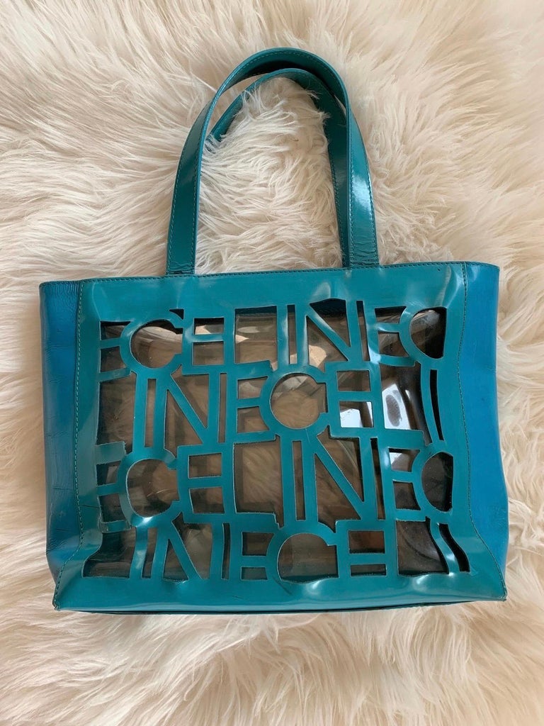 Vintage 90's CELINE Turquoise Clear Logo Shopper Transparent Tote Bag ...