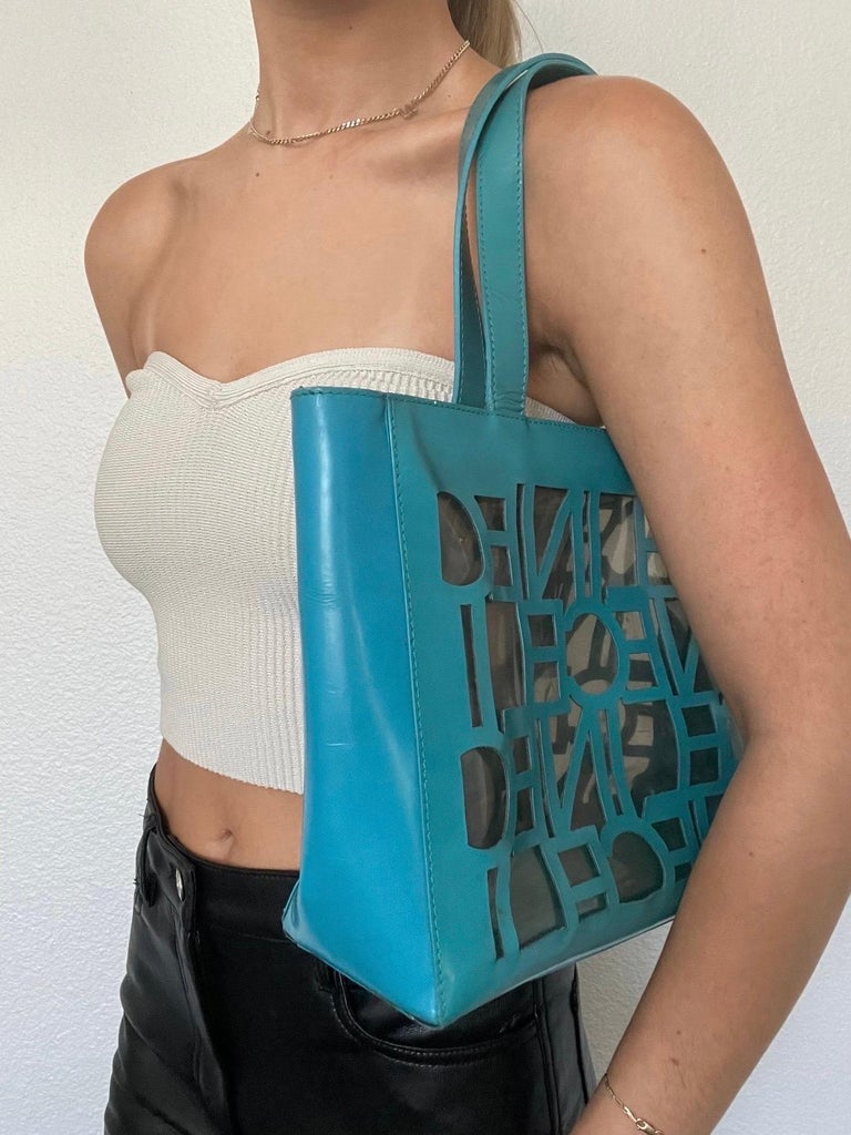 Vintage 90's CELINE Turquoise Clear Logo Shopper Transparent Tote Bag ...